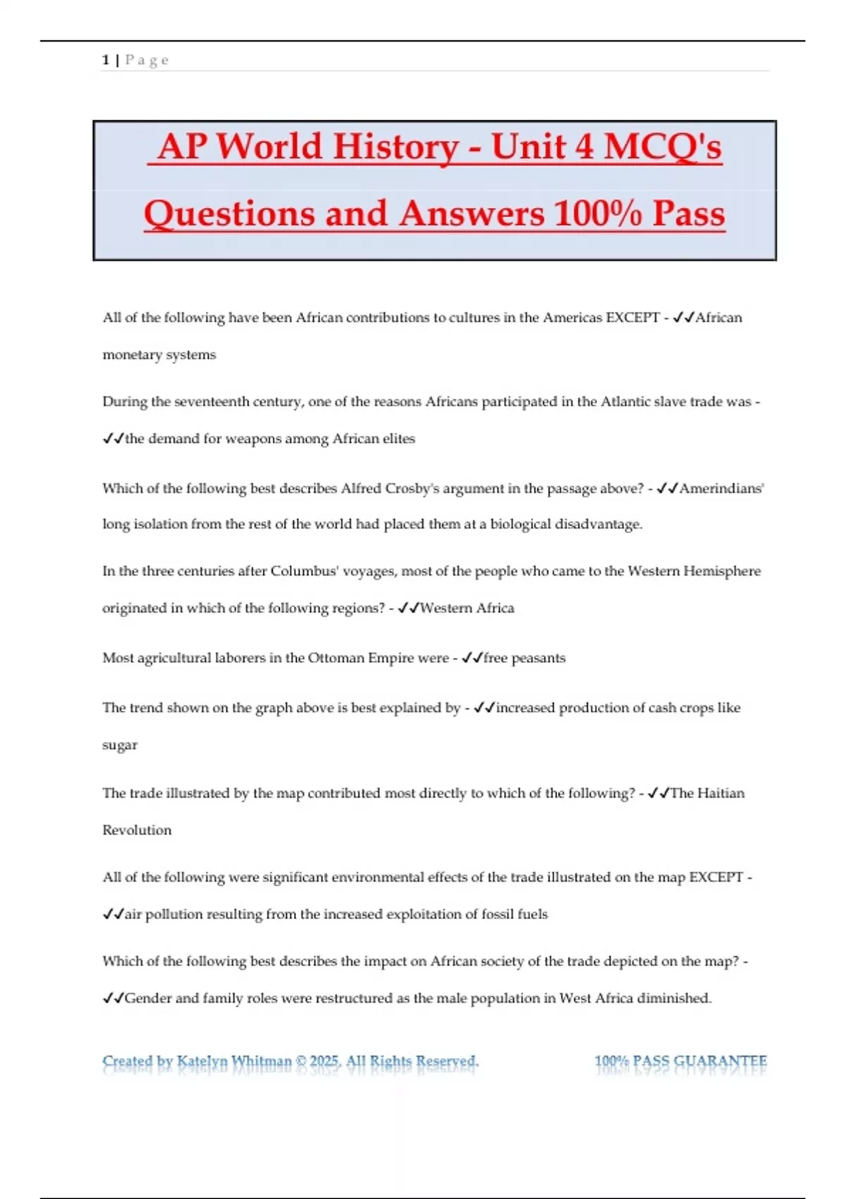 AP World History - Unit 4 MCQ's Questions and Answers 100% Pass - AP ...
