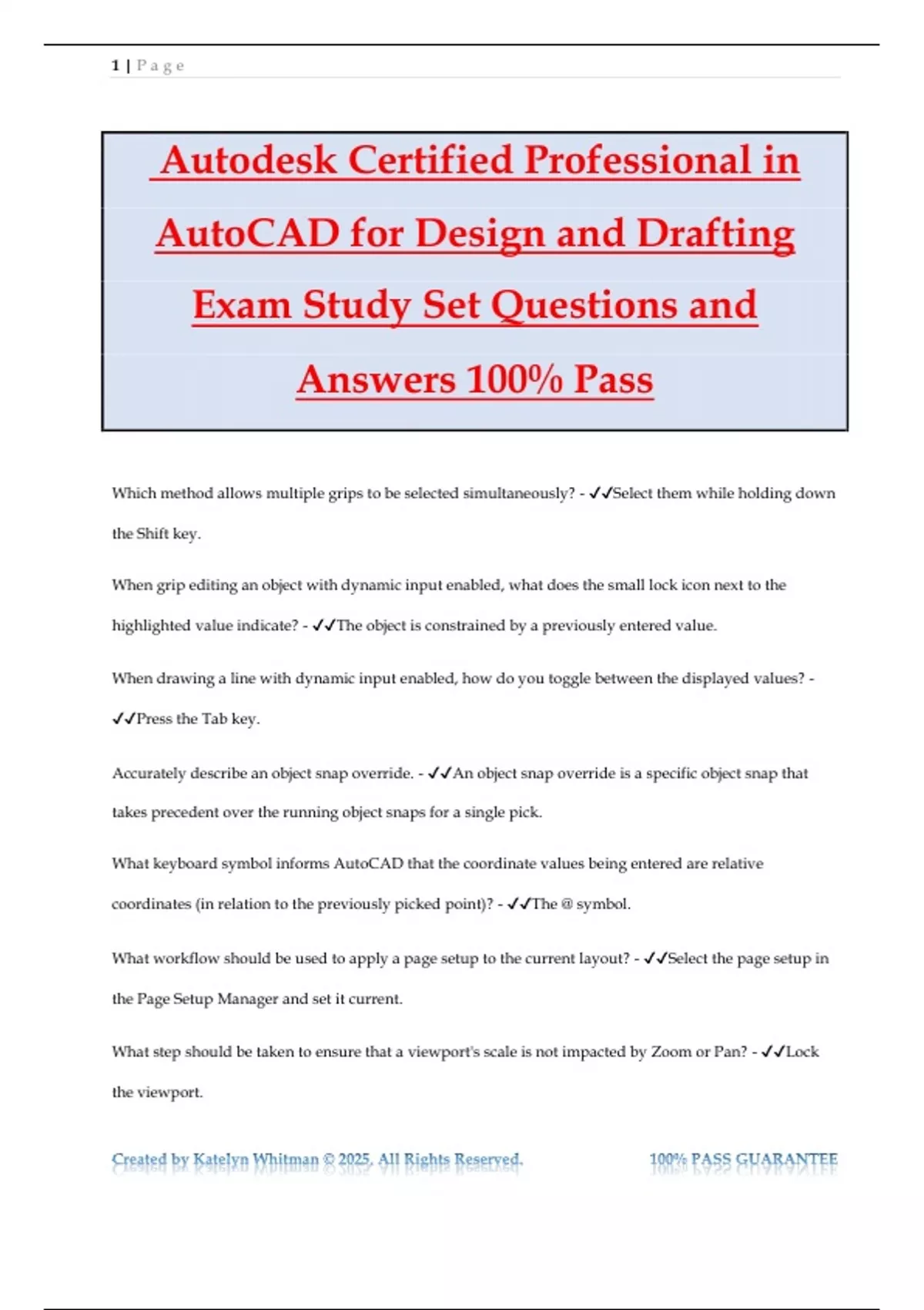 Autodesk Certified Professional in AutoCAD for Design and Drafting Exam Study Set Questions and ...