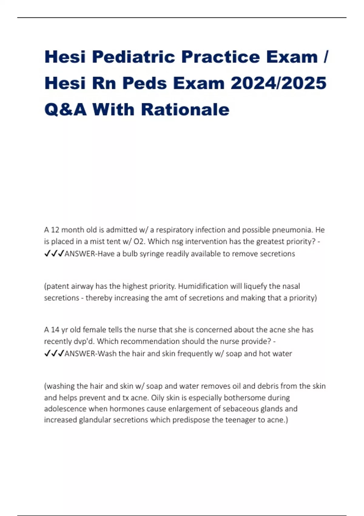 Hesi Pediatric Practice Exam / Hesi Rn Peds Exam 2024/2025 Q&A With ...
