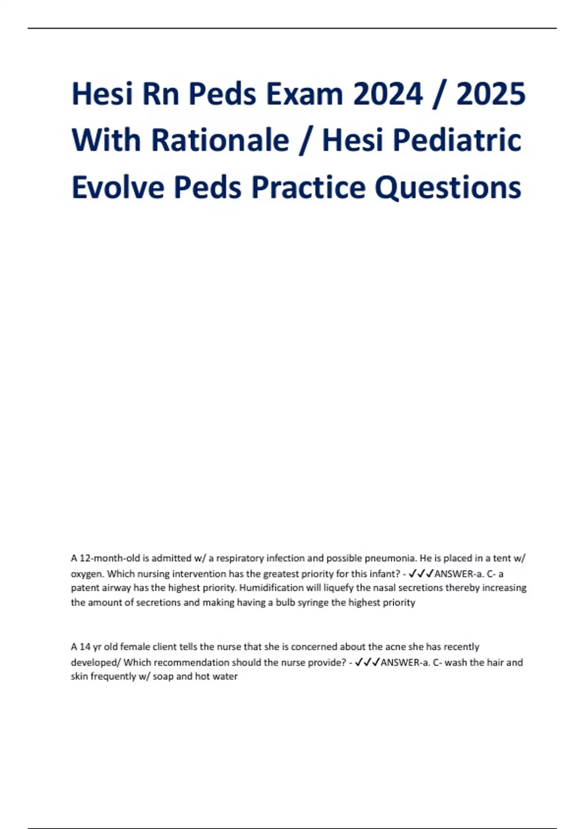 Hesi Rn Peds Exam 2024 / 2025 With Rationale / Hesi Pediatric Evolve ...
