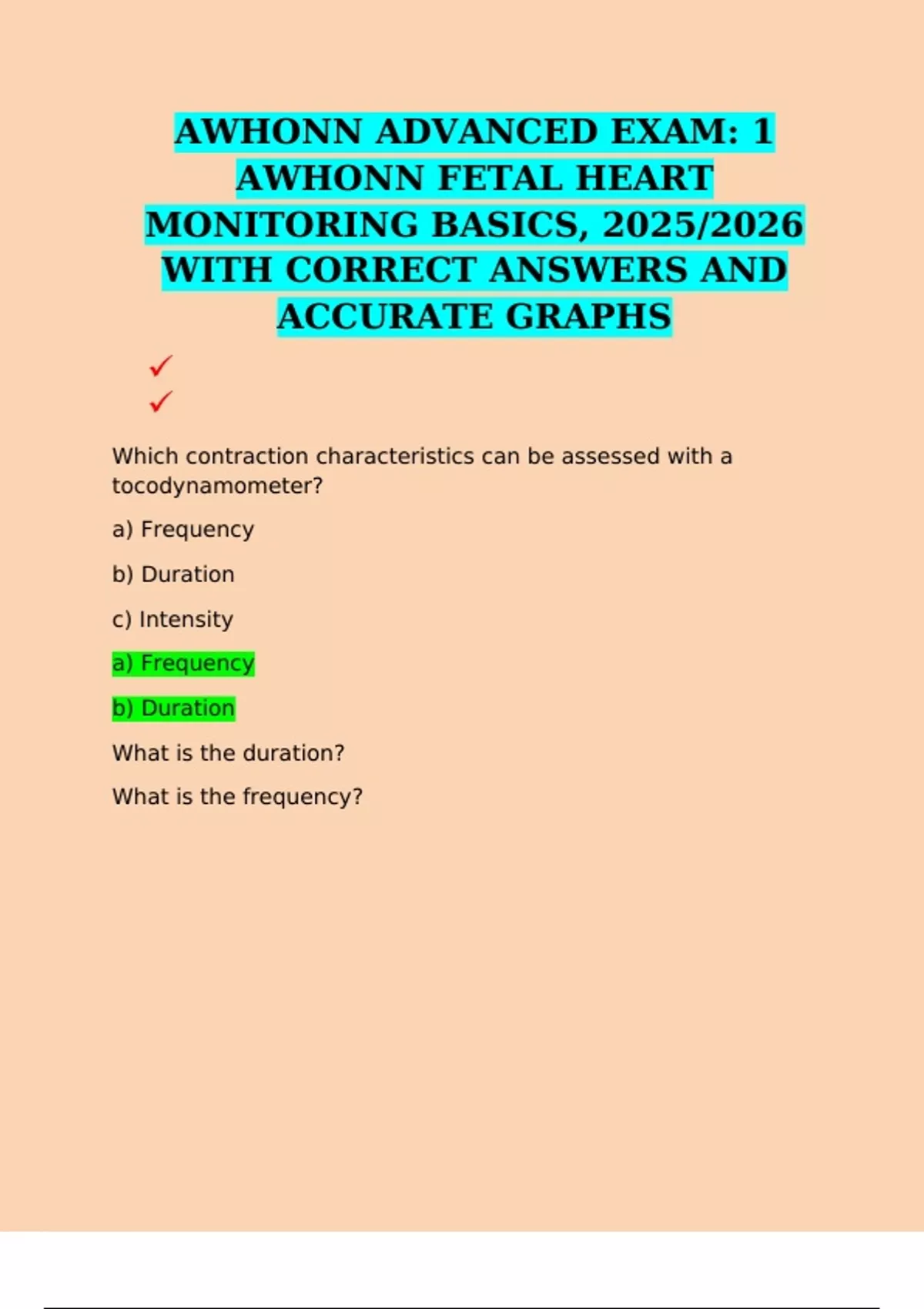 ADVANCED EXAM: 1 AWHONN FETAL HEART MONITORING BASICS, 2025/2026 WITH ...