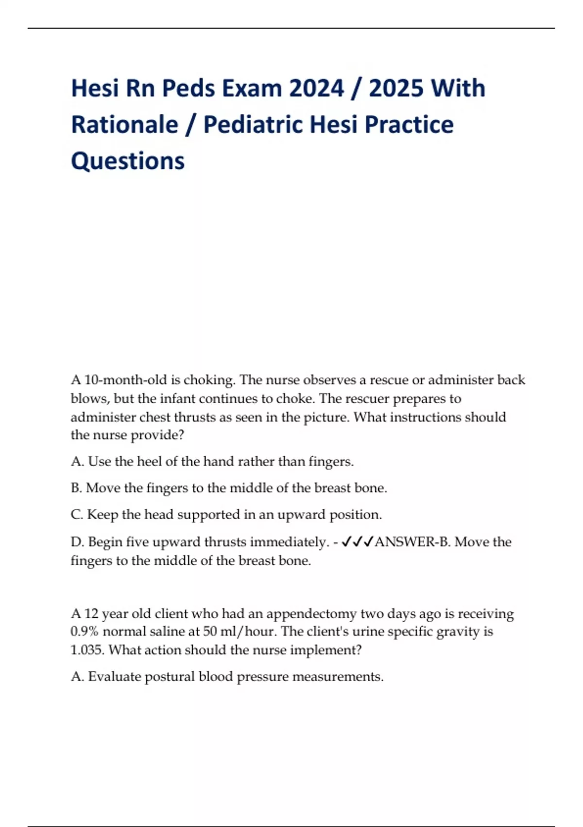 Hesi Rn Peds Exam 2024 / 2025 With Rationale / Pediatric Hesi Practice ...
