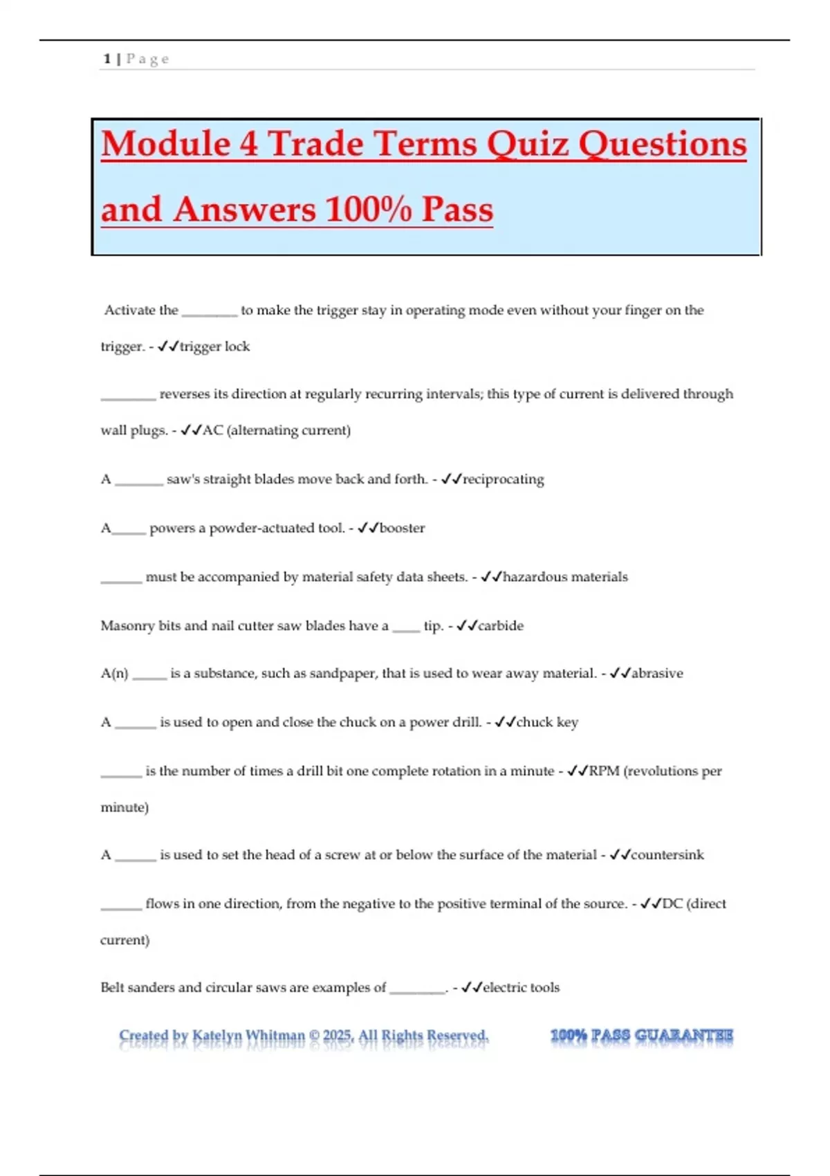 Module 4 Trade Terms Quiz Questions and Answers 100% Pass - NCCER ...