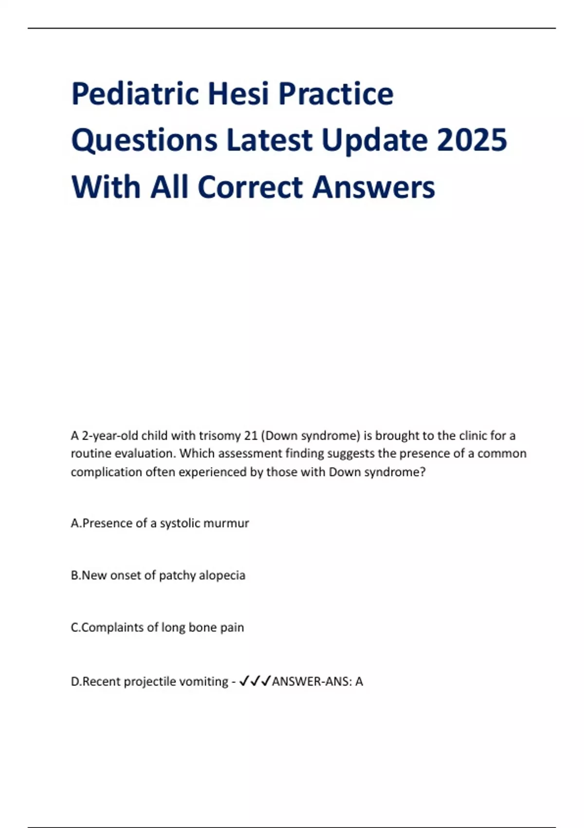 Pediatric Hesi Practice Questions Latest Update 2025 With All Correct ...