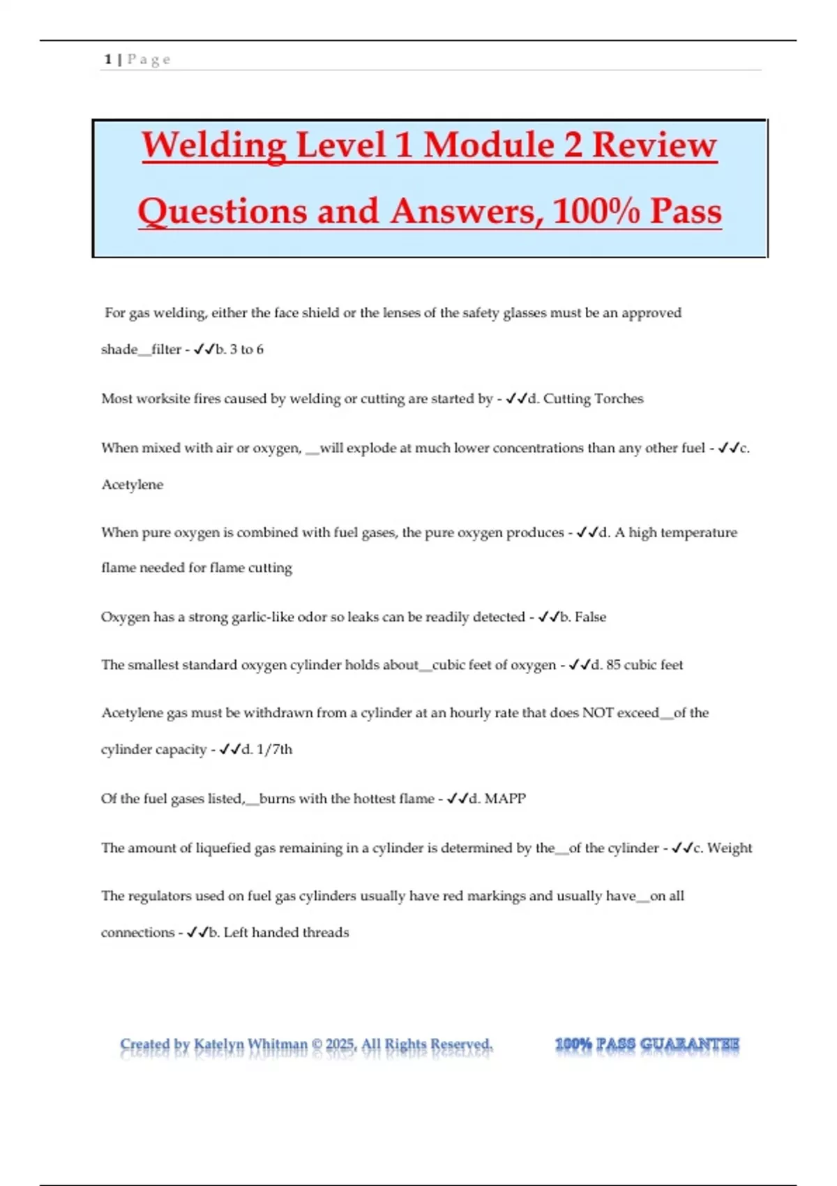 Welding Level 1 Module 2 Review Questions and Answers, 100% Pass ...