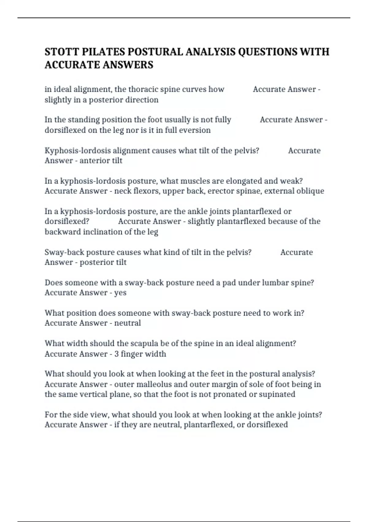 STOTT PILATES POSTURAL ANALYSIS QUESTIONS WITH ACCURATE ANSWERS - Stott ...