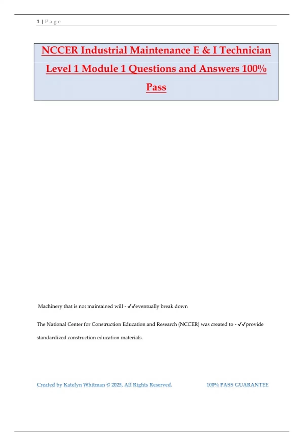 NCCER Industrial Maintenance E & I Technician Level 1 Module 1 Questions and Answers 100% Pass ...