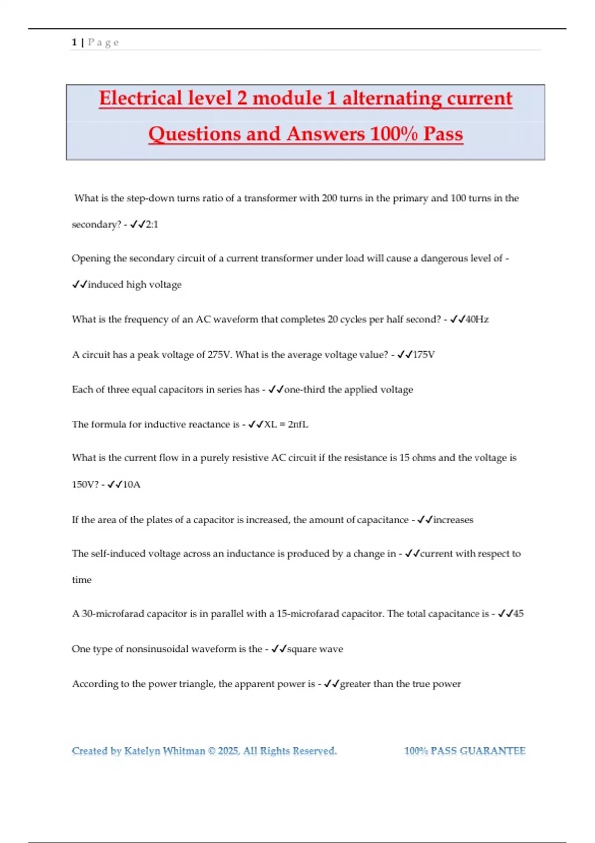 Electrical level 2 module 1 alternating current Questions and Answers ...