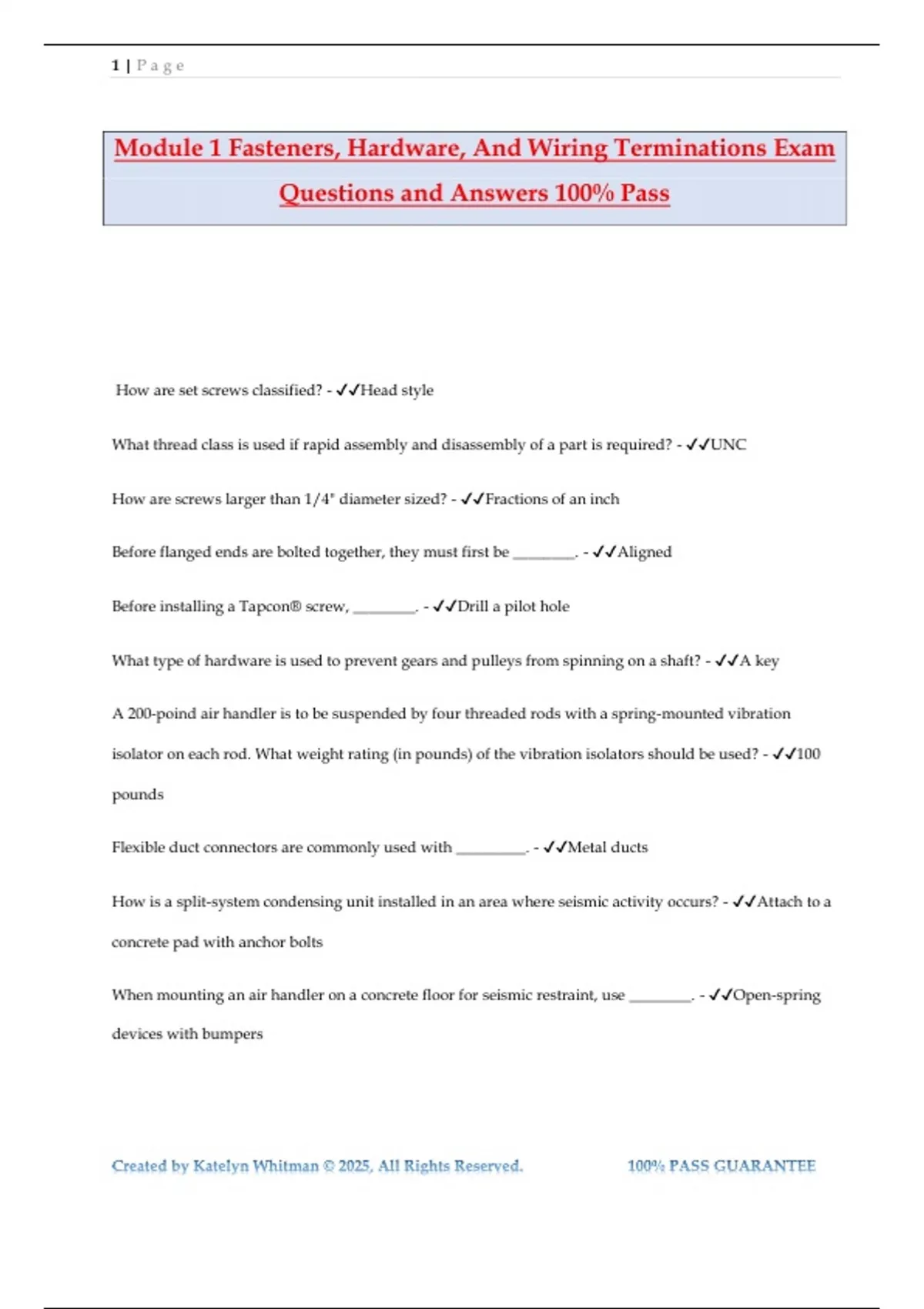 Module 1 Fasteners, Hardware, And Wiring Terminations Exam Questions ...