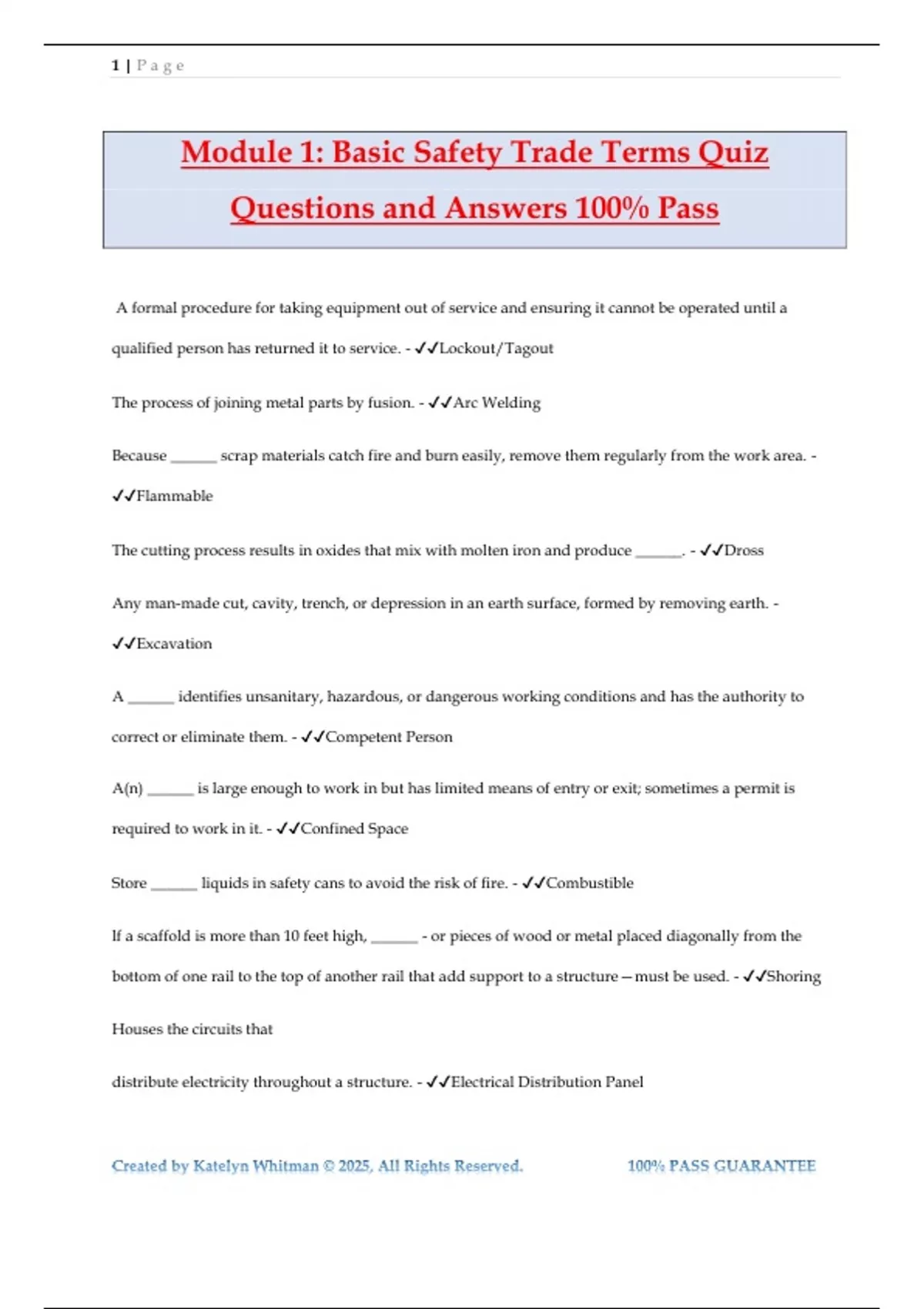 Module 1: Basic Safety Trade Terms Quiz Questions and Answers 100% Pass ...