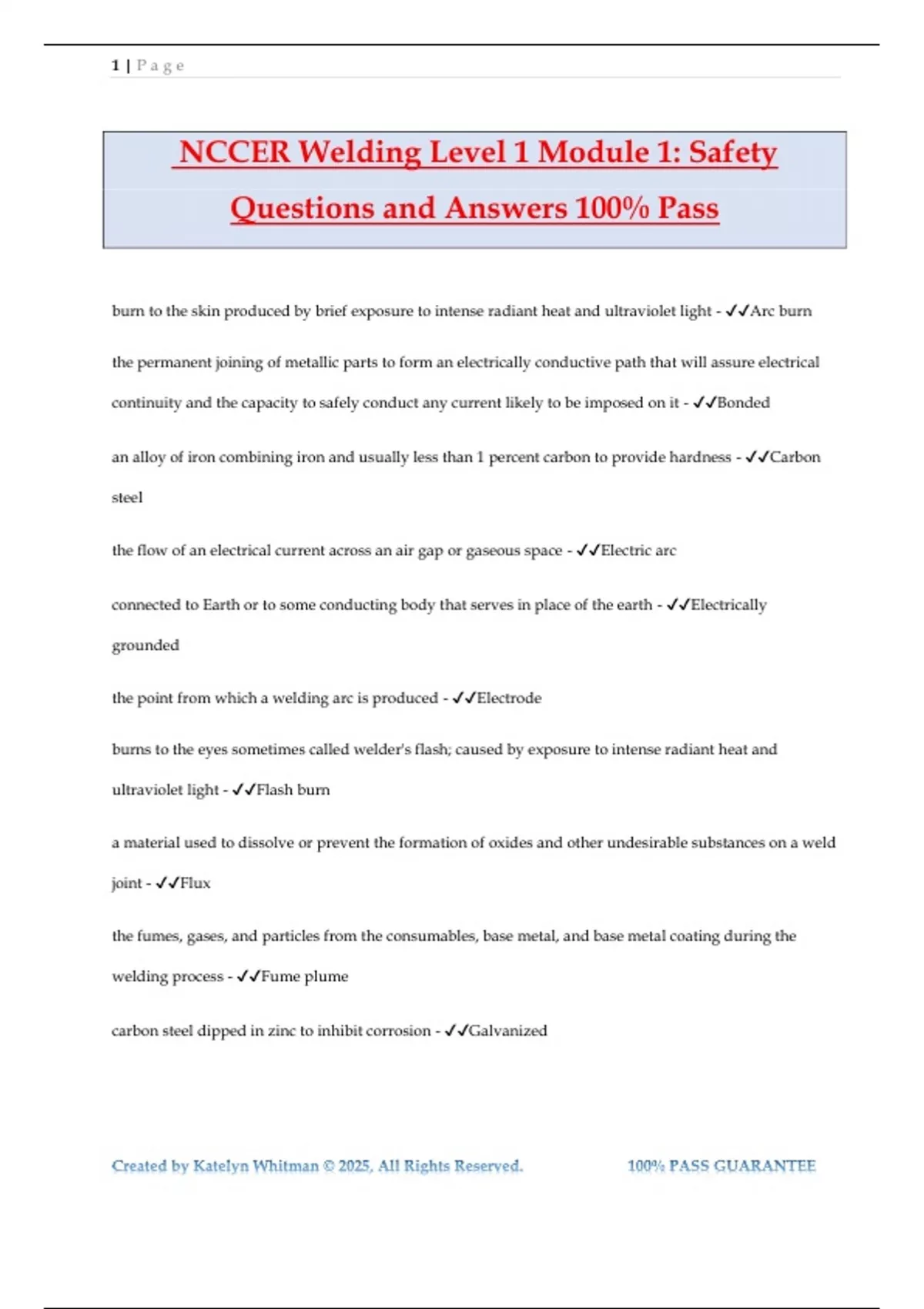 NCCER Welding Level 1 Module 1: Safety Questions and Answers 100% Pass ...