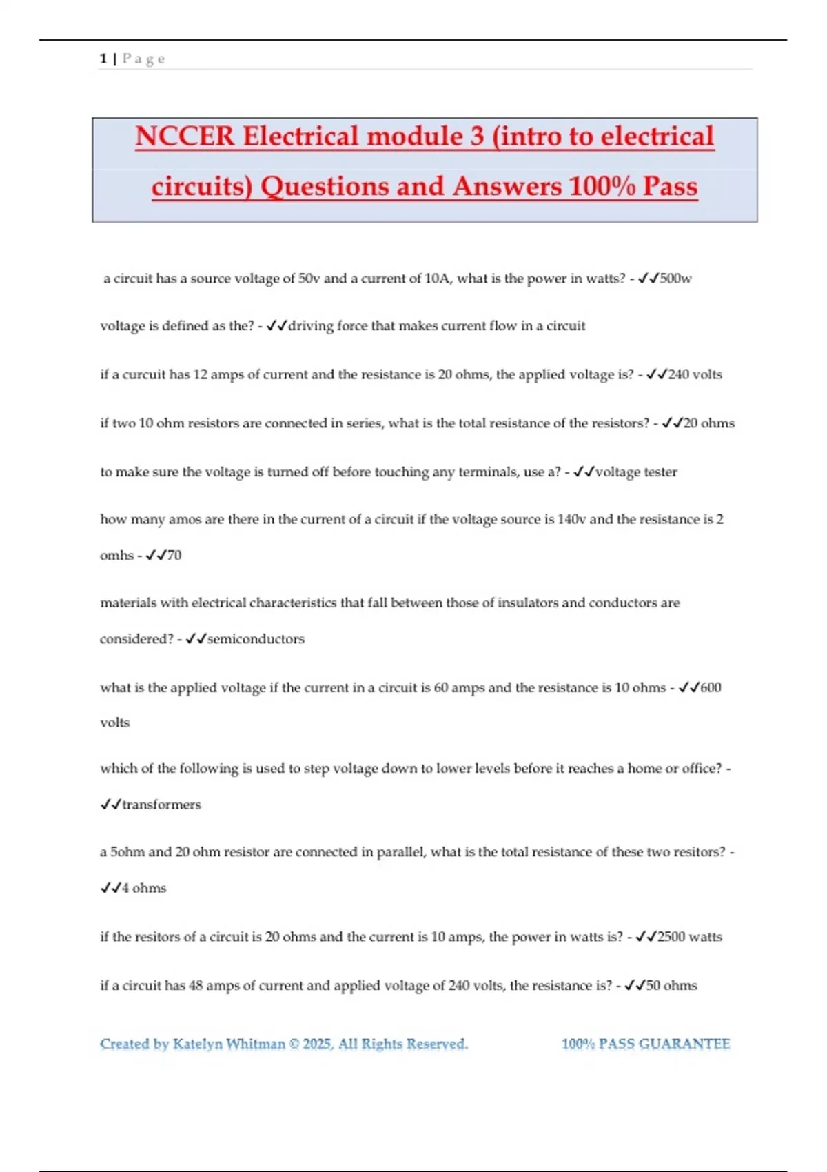 NCCER Electrical module 3 (intro to electrical circuits) Questions and ...