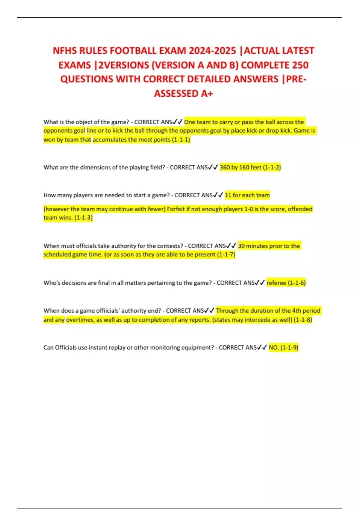 NFHS RULES FOOTBALL EXAM |ACTUAL LATEST EXAMS |2VERSIONS (VERSION A AND ...