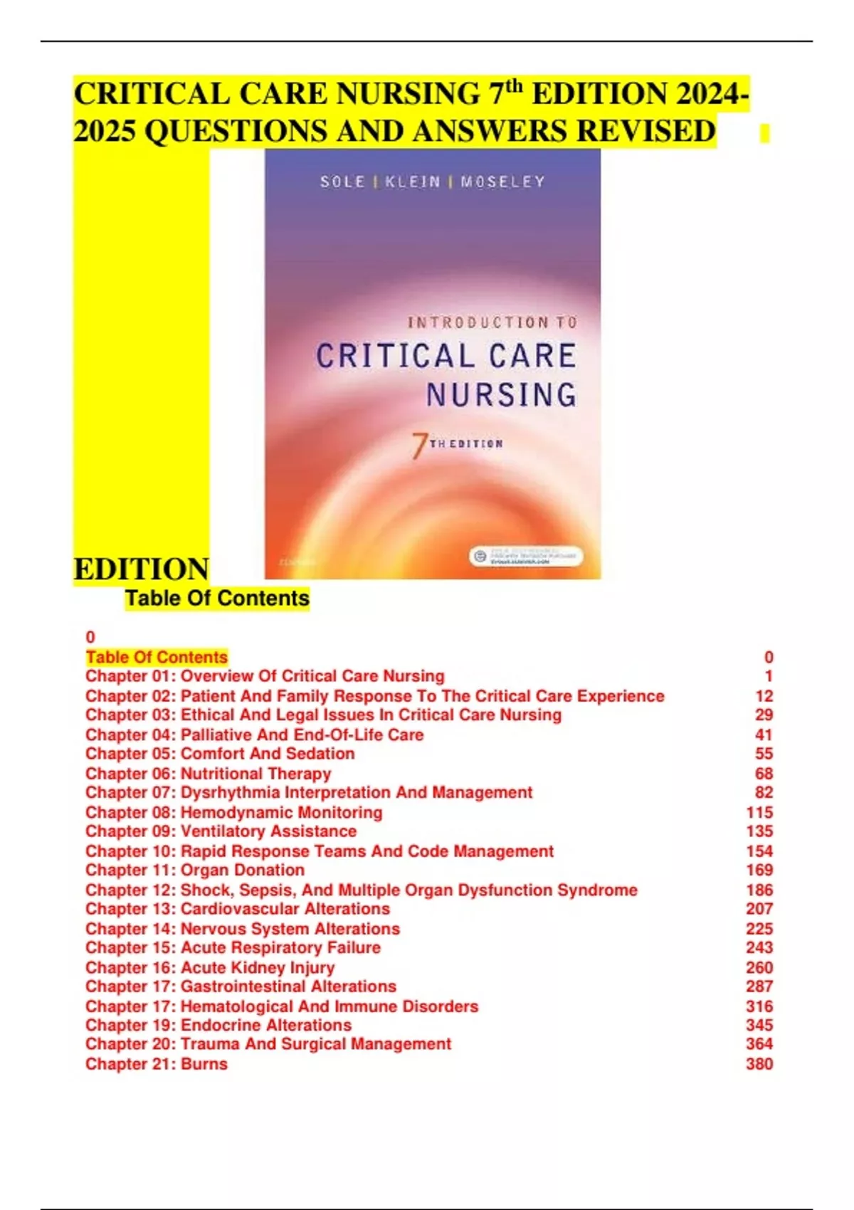 CRITICAL CARE NURSING 7th EDITION QUESTIONS AND ANSWERS REVISED EDITION ...