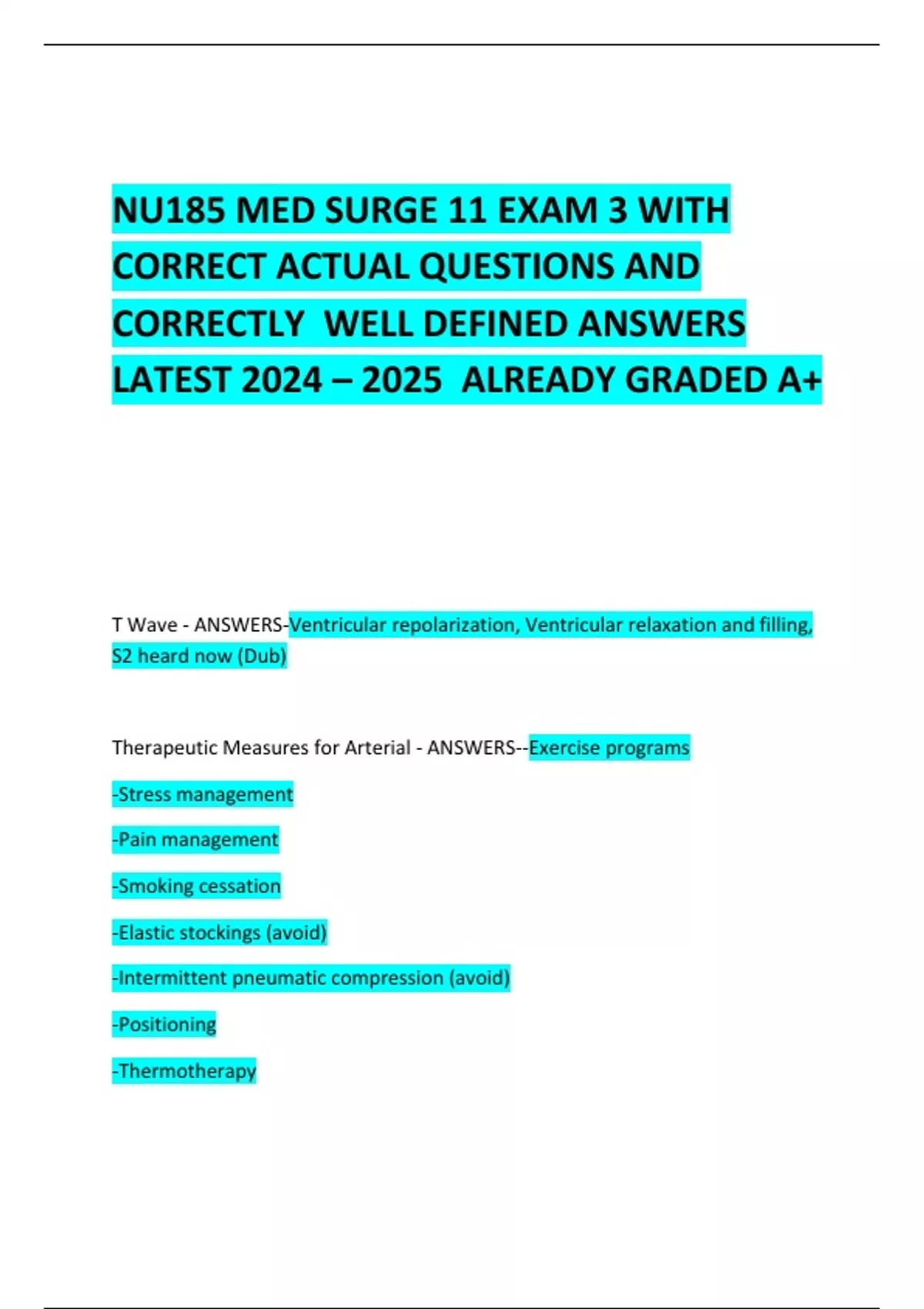 NU185 MED SURGE 11 EXAM 3 WITH CORRECT ACTUAL QUESTIONS AND CORRECTLY ...