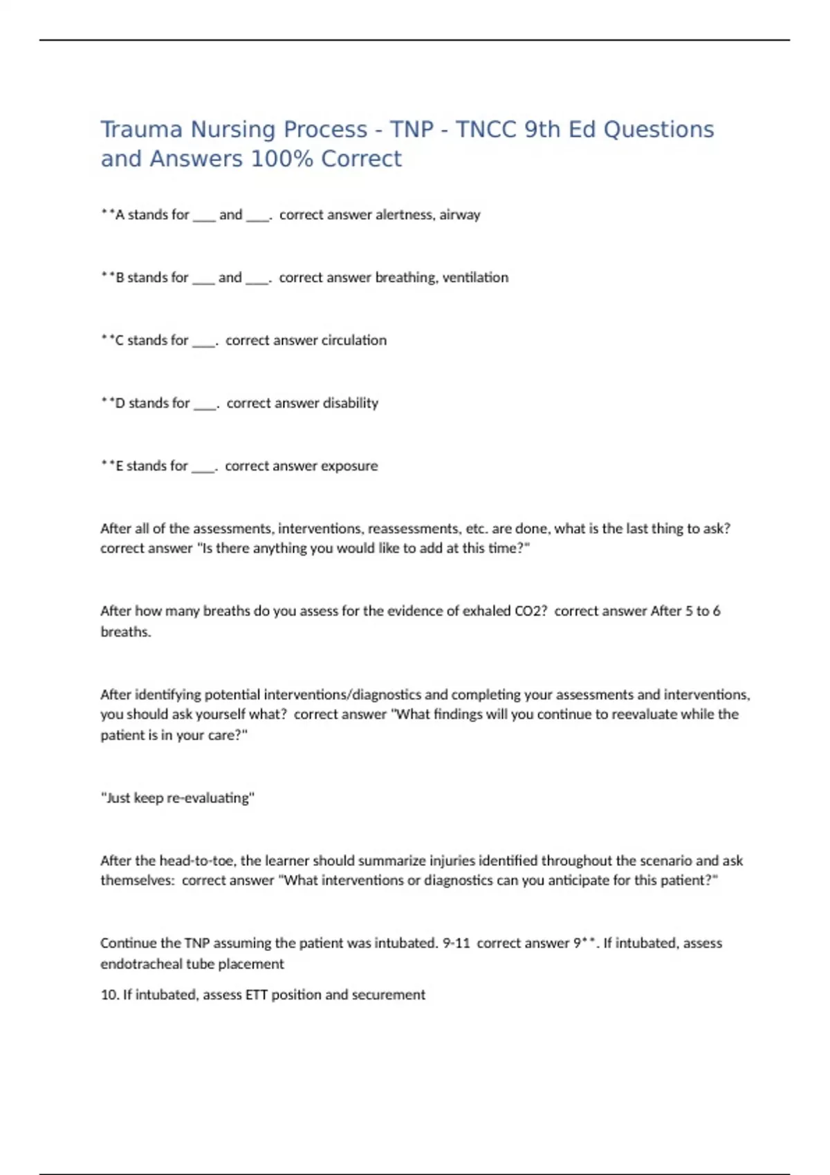 Trauma Nursing Process - TNP - TNCC 9th Ed Questions and Answers 100% ...