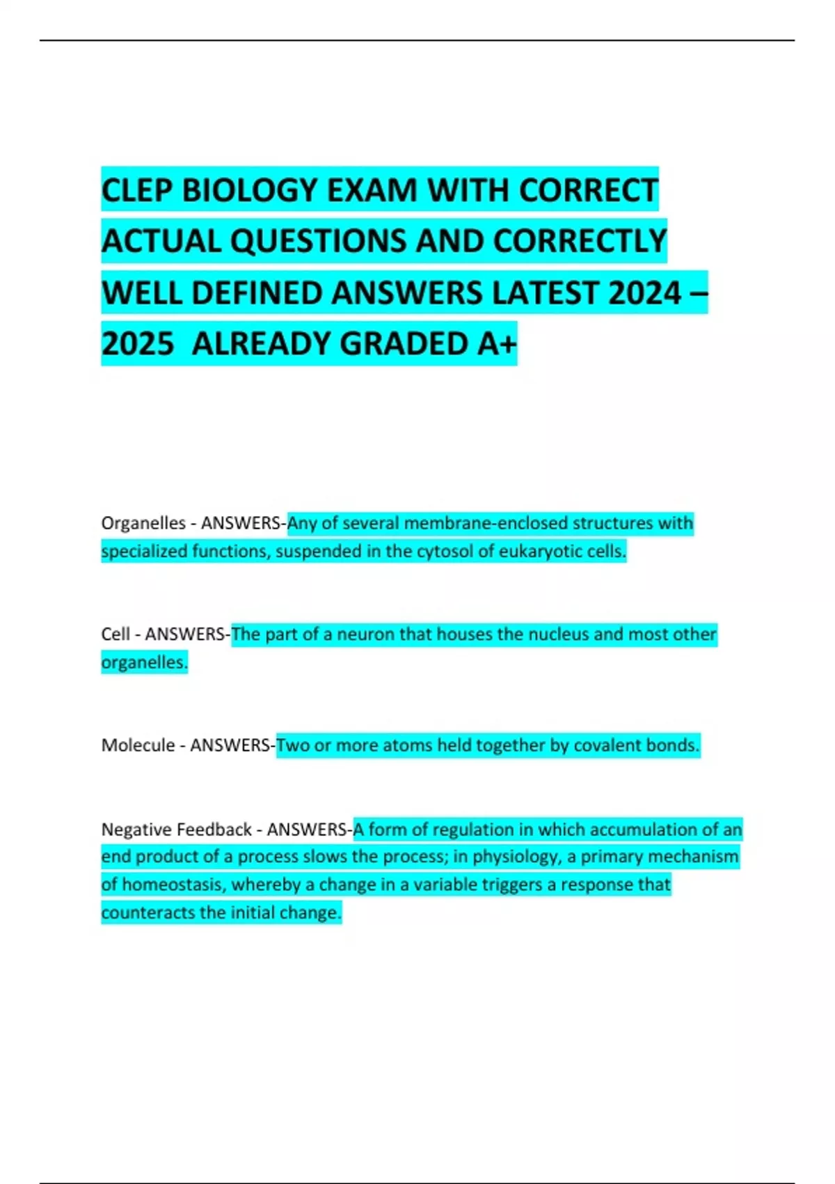CLEP BIOLOGY EXAM WITH CORRECT ACTUAL QUESTIONS AND CORRECTLY WELL ...