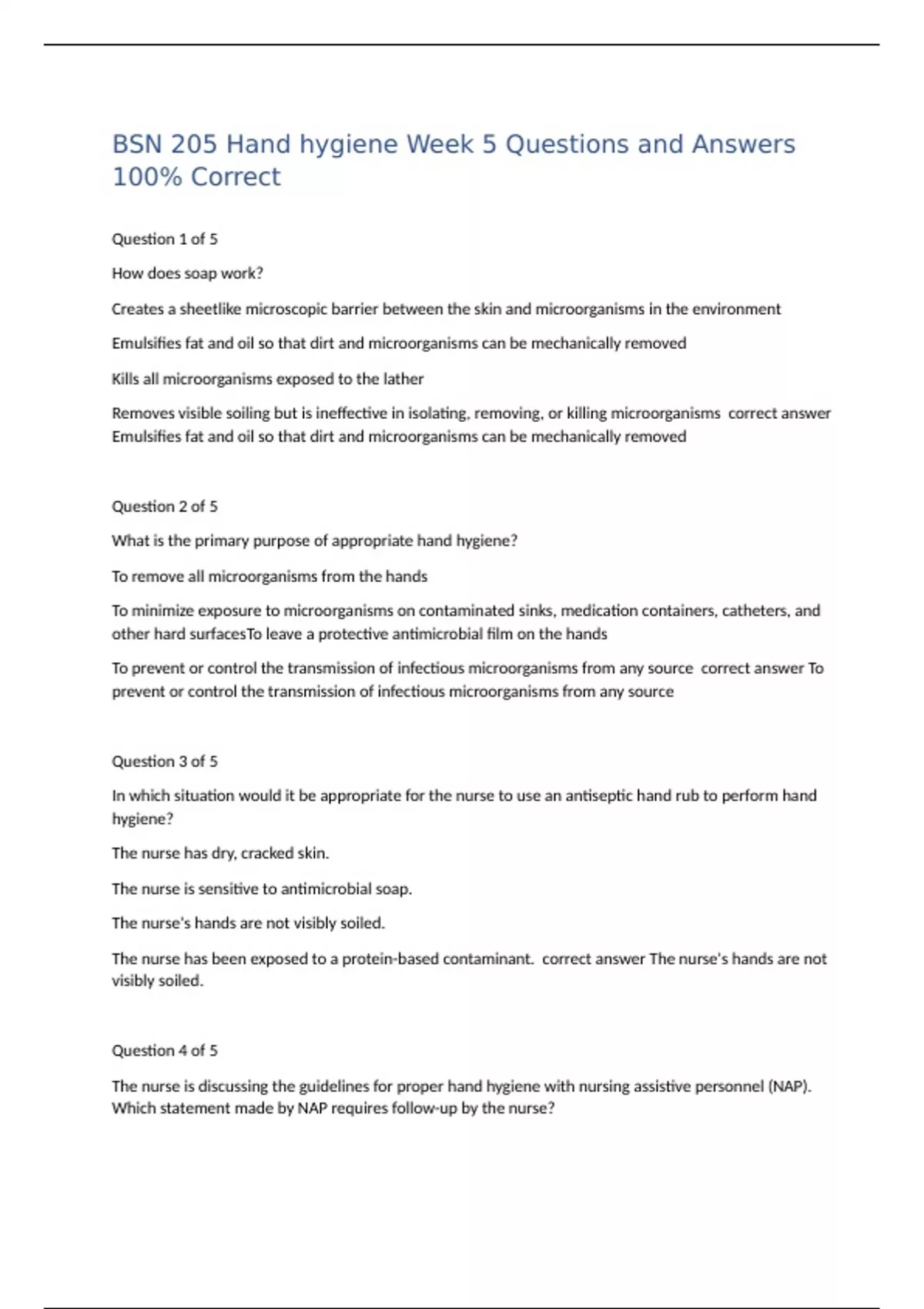 BSN 205 Hand hygiene Week 5 Questions and Answers 100% Correct - BSN ...