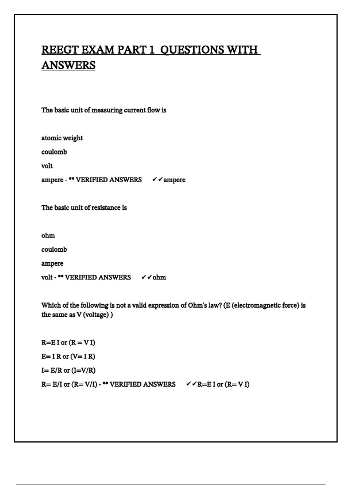 REEGT EXAM PART 1 QUESTIONS WITH ANSWERS - REEGT - Stuvia US