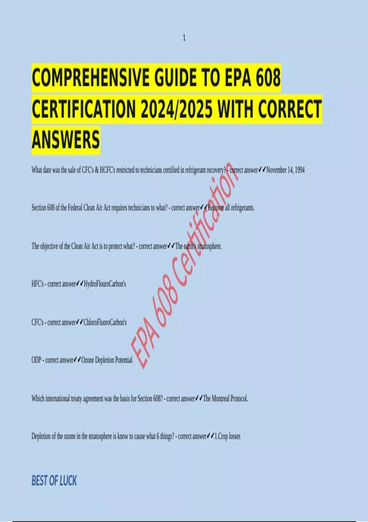 COMPREHENSIVE GUIDE TO EPA 608 CERTIFICATION 2024/2025 WITH CORRECT ANSWERS - EPA 608 ...