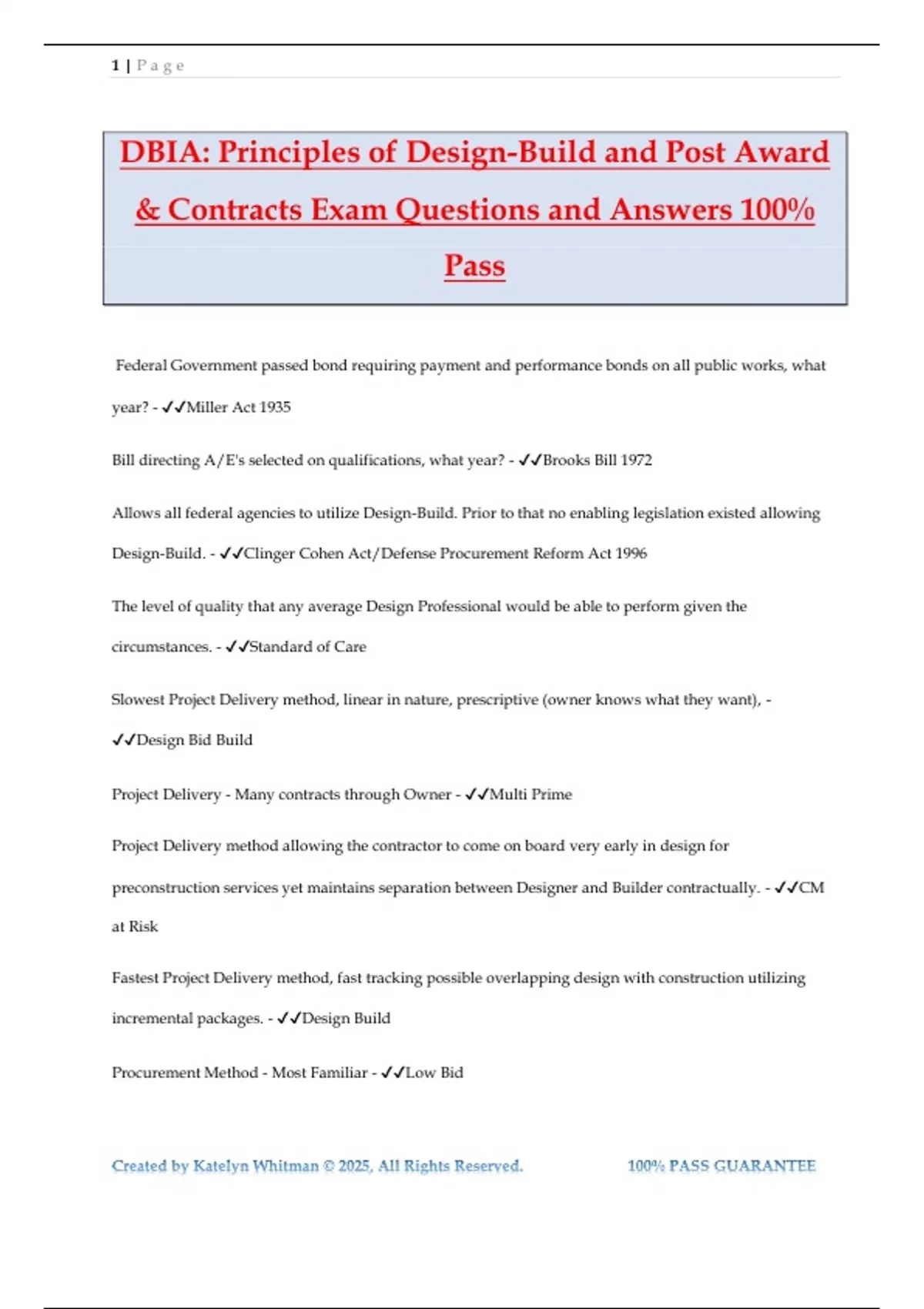 DBIA: Principles of Design-Build and Post Award & Contracts Exam ...