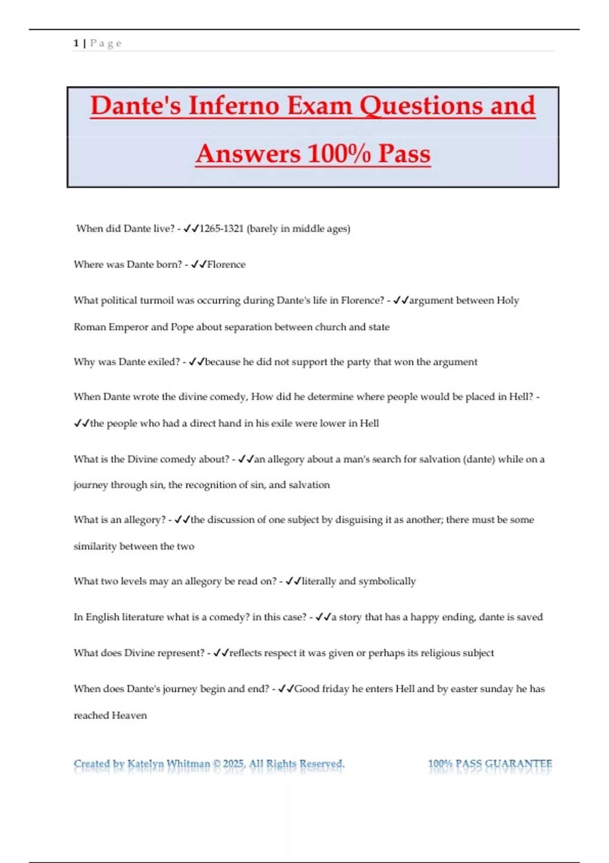 Dante's Inferno Exam Questions and Answers 100% Pass - Dante - Stuvia US