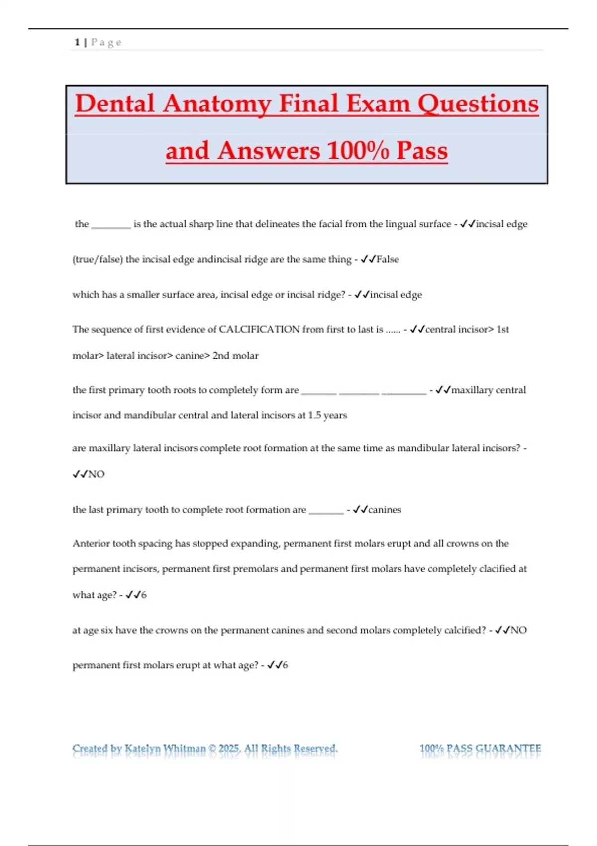 Dental Anatomy Final Exam Questions and Answers 100% Pass - Dental ...