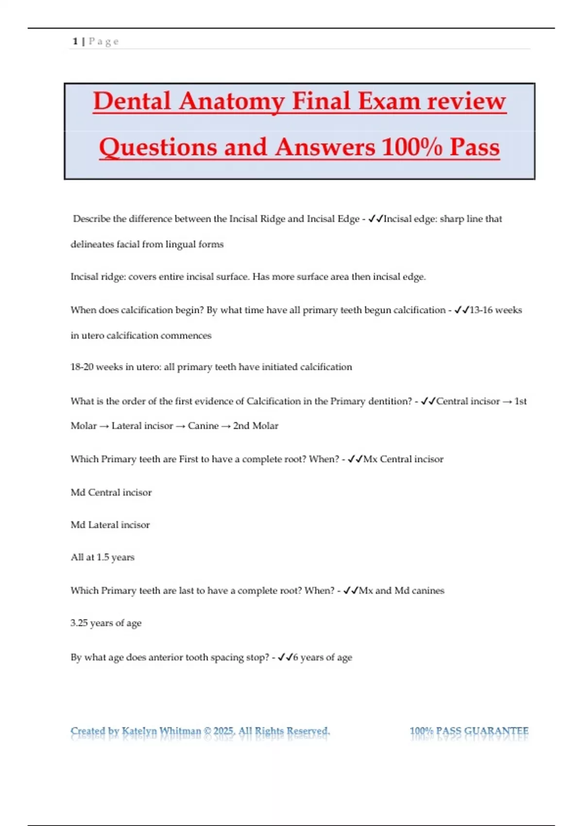 Dental Anatomy Final Exam review Questions and Answers 100% Pass ...