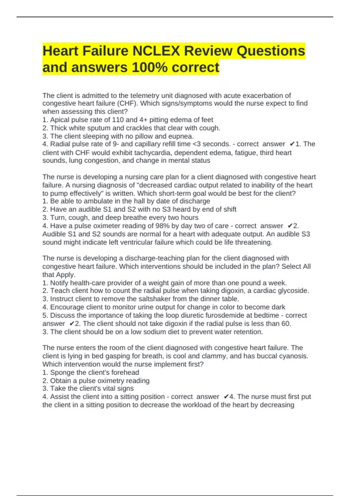 Heart Failure NCLEX Review Questions and answers 100% correct - Chf ...