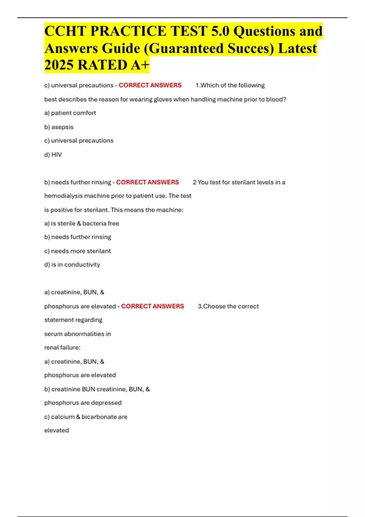 CCHT PRACTICE TEST 5.0 Questions and Answers Guide (Guaranteed Succes ...