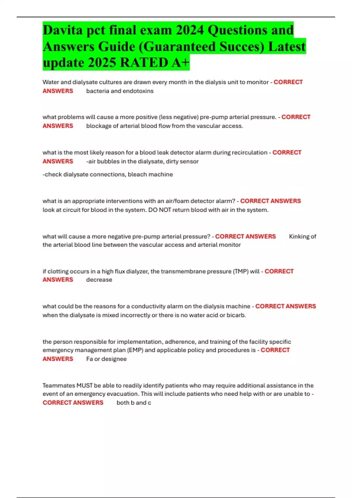 Summary Davita pct final exam 2024 Questions and Answers Guide ...