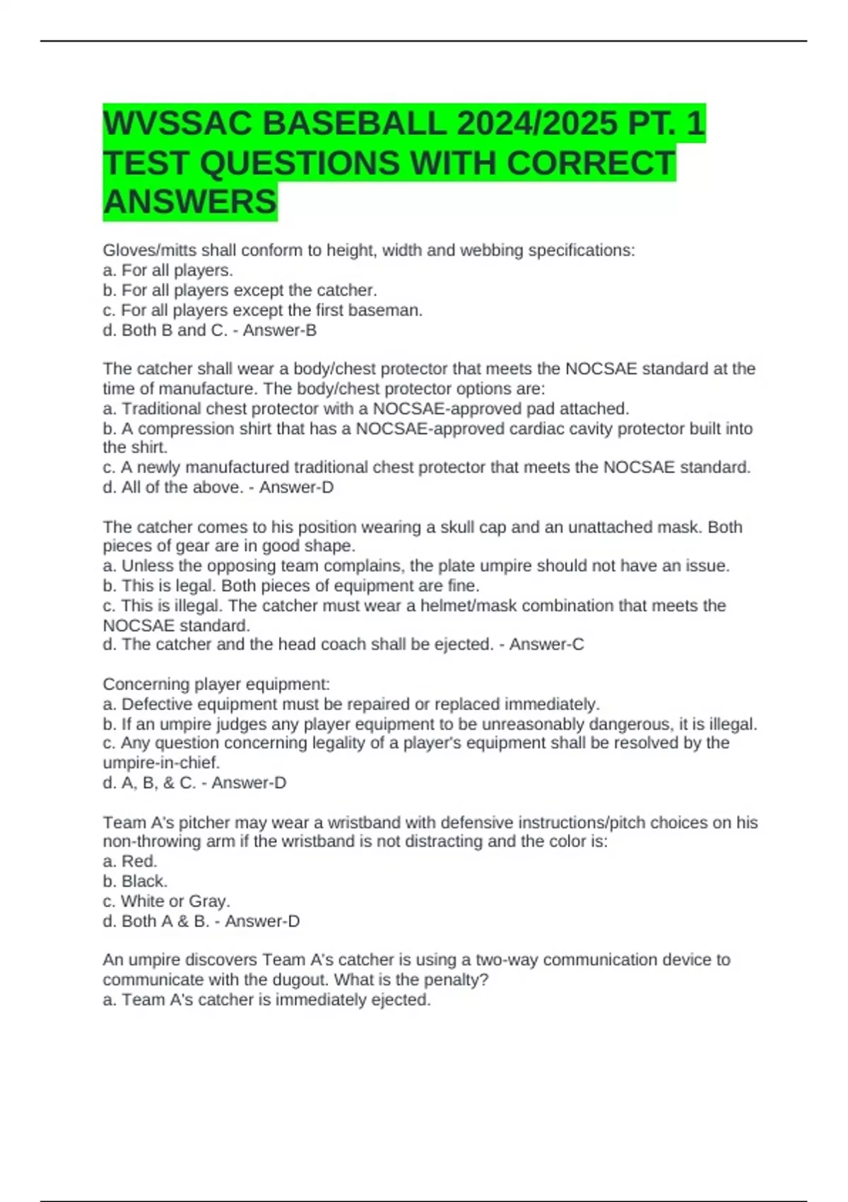 WVSSAC BASEBALL 2024/2025 PT. 1 TEST QUESTIONS WITH CORRECT ANSWERS ...