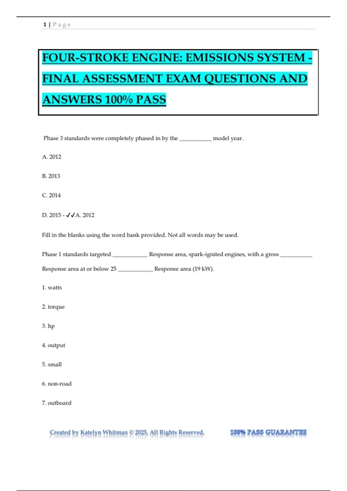 FOUR-STROKE ENGINE: EMISSIONS SYSTEM - FINAL ASSESSMENT EXAM QUESTIONS ...