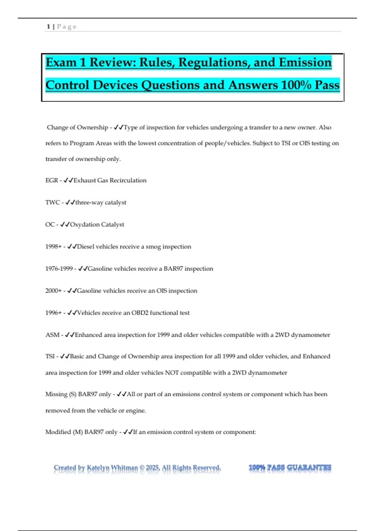 Exam 1 Review: Rules, Regulations, and Emission Control Devices ...