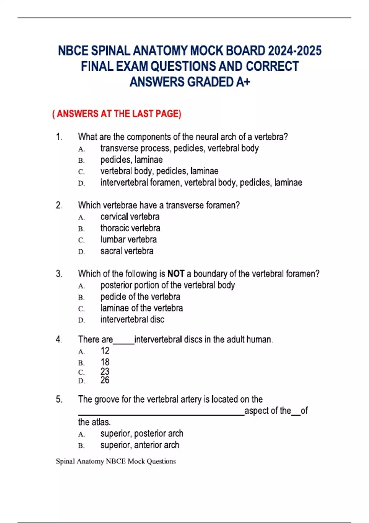 NBCE SPINAL ANATOMY MOCK BOARD FINAL EXAM QUESTIONS AND CORRECT ANSWERS ...