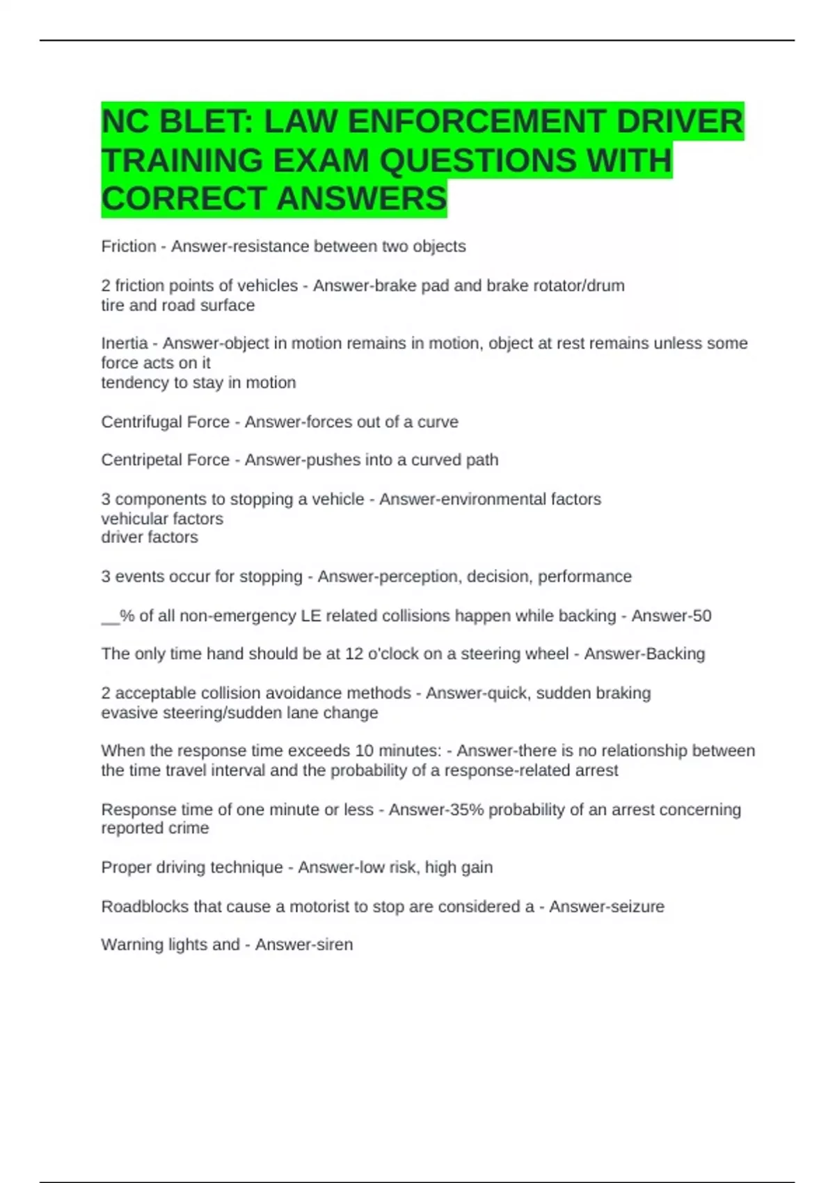NC BLET: LAW ENFORCEMENT DRIVER TRAINING EXAM QUESTIONS WITH CORRECT ...