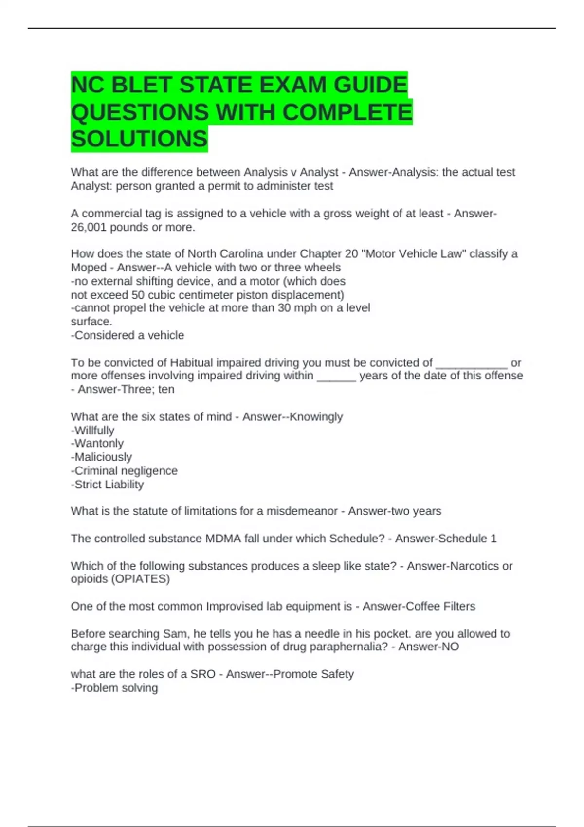 NC BLET STATE EXAM GUIDE QUESTIONS WITH COMPLETE SOLUTIONS - NC BLET ...