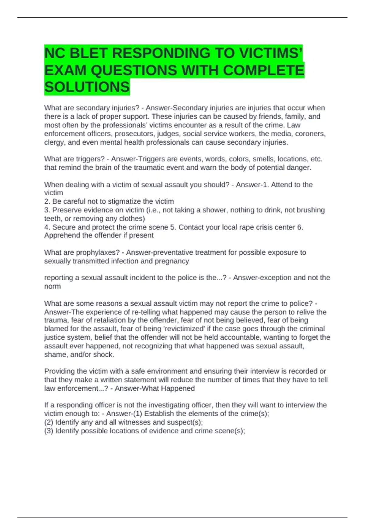 NC BLET RESPONDING TO VICTIMS’ EXAM QUESTIONS WITH COMPLETE SOLUTIONS ...