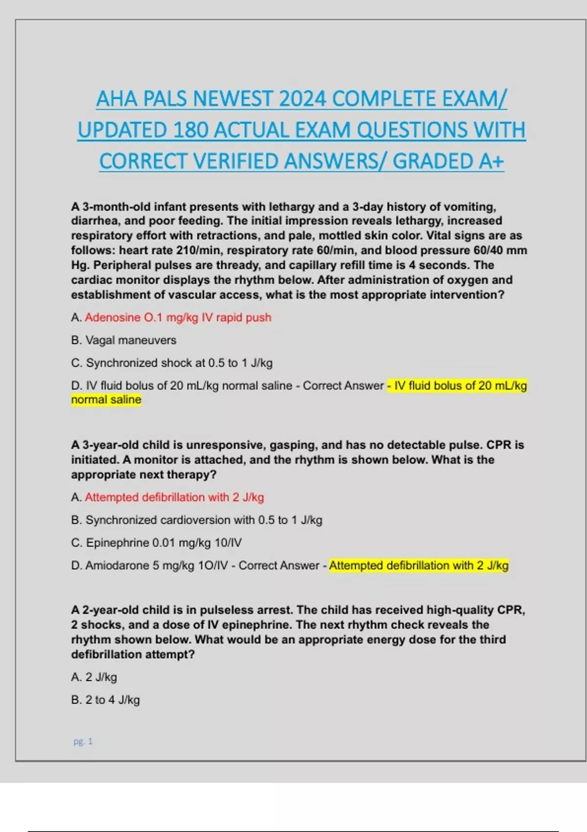 AHA PALS NEWEST 2024 COMPLETE EXAM/ UPDATED 180 ACTUAL EXAM QUESTIONS ...