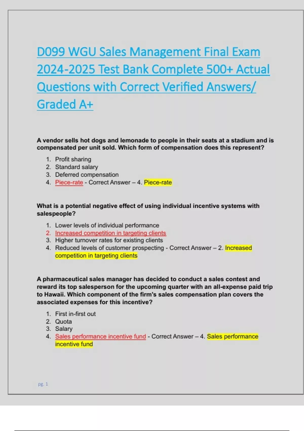 D099 WGU Sales Management Final Exam Test Bank Complete 500+ Actual ...