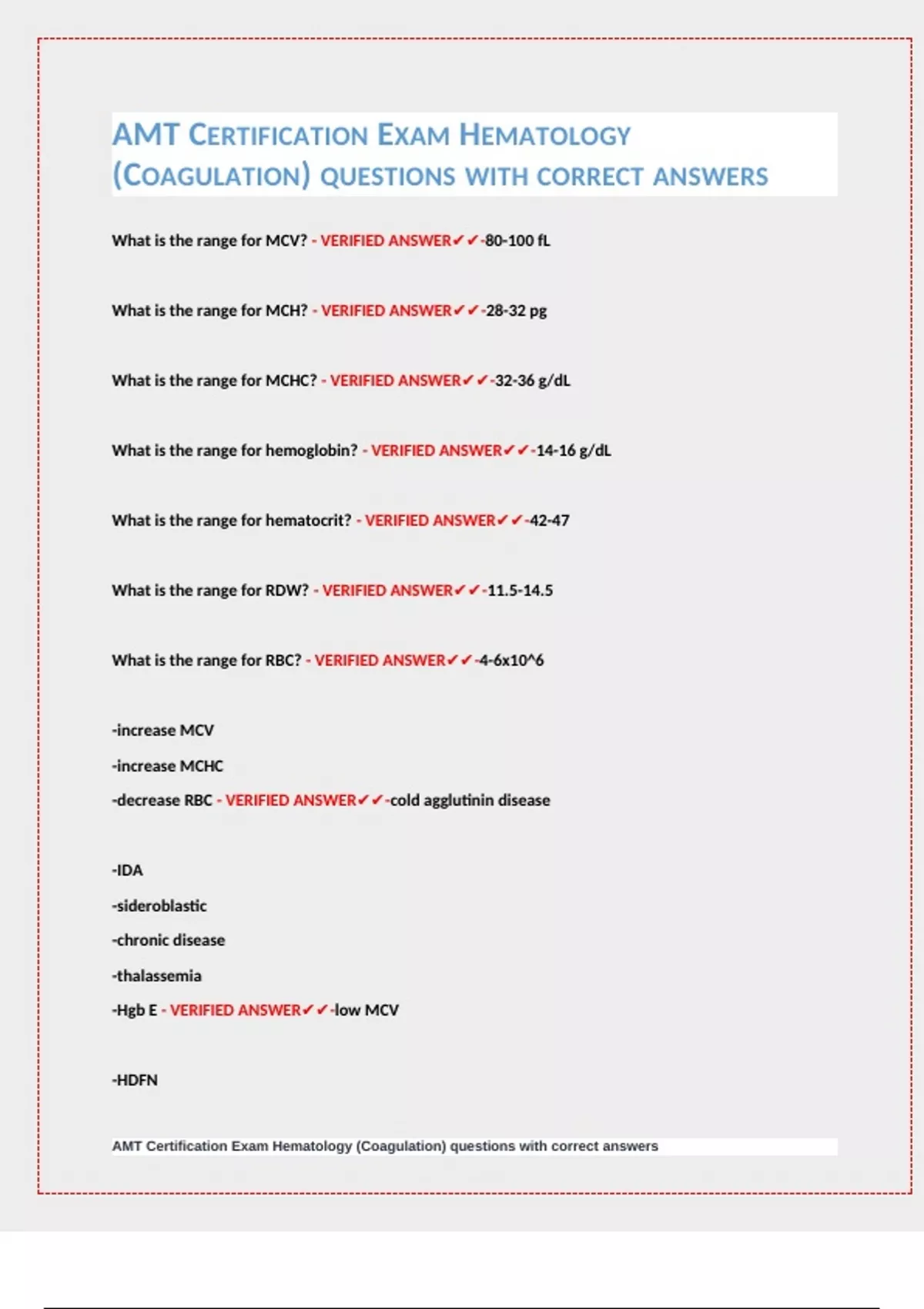 AMT CERTIFICATION EXAM HEMATOLOGY (COAGULATION) QUESTIONS WITH CORRECT ...