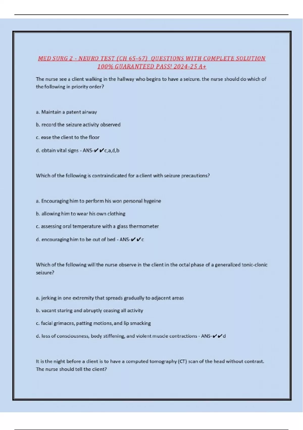 MED SURG 2 - NEURO TEST (CH 65-67) QUESTIONS WITH COMPLETE SOLUTION 100 ...