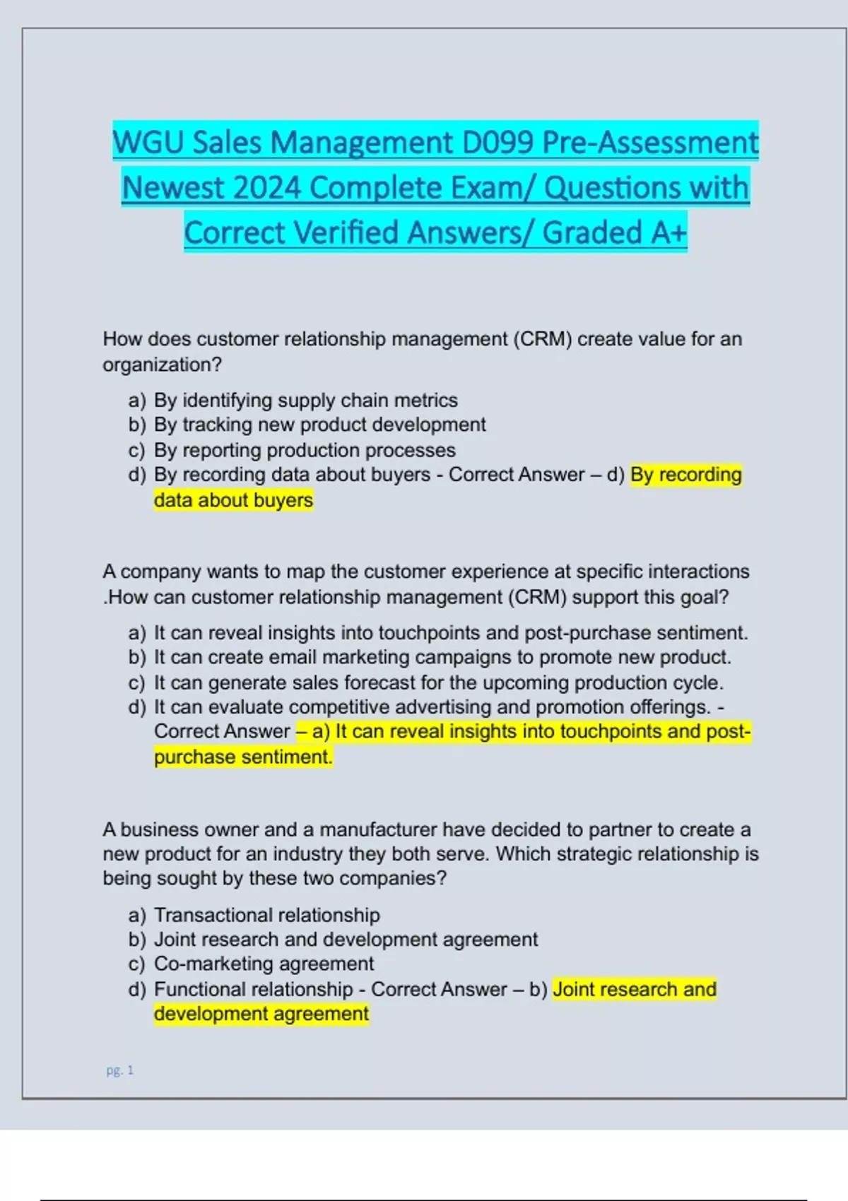 WGU Sales Management D099 Pre-Assessment Newest 2024 Complete Exam ...