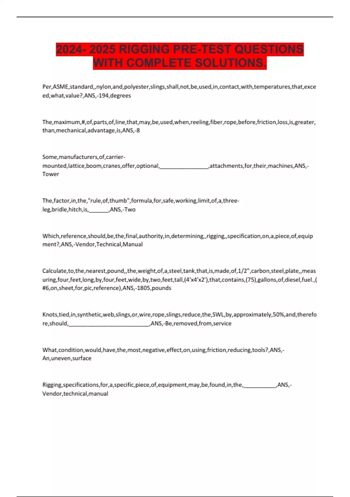 RIGGING PRE-TEST QUESTIONS WITH COMPLETE SOLUTIONS. - UA RIGGING ...