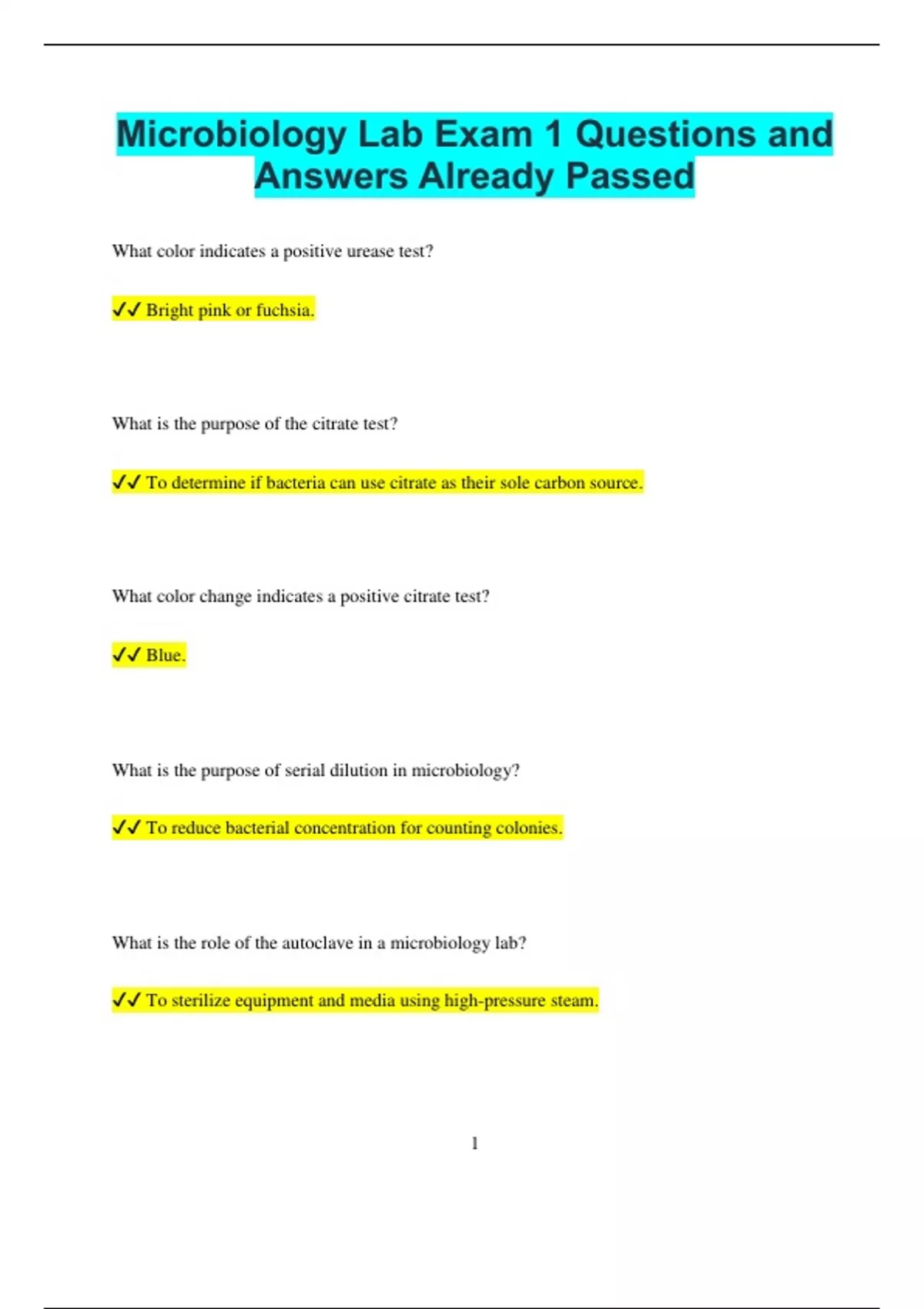 Microbiology Lab Exam 1 Questions and Answers Already Passed ...