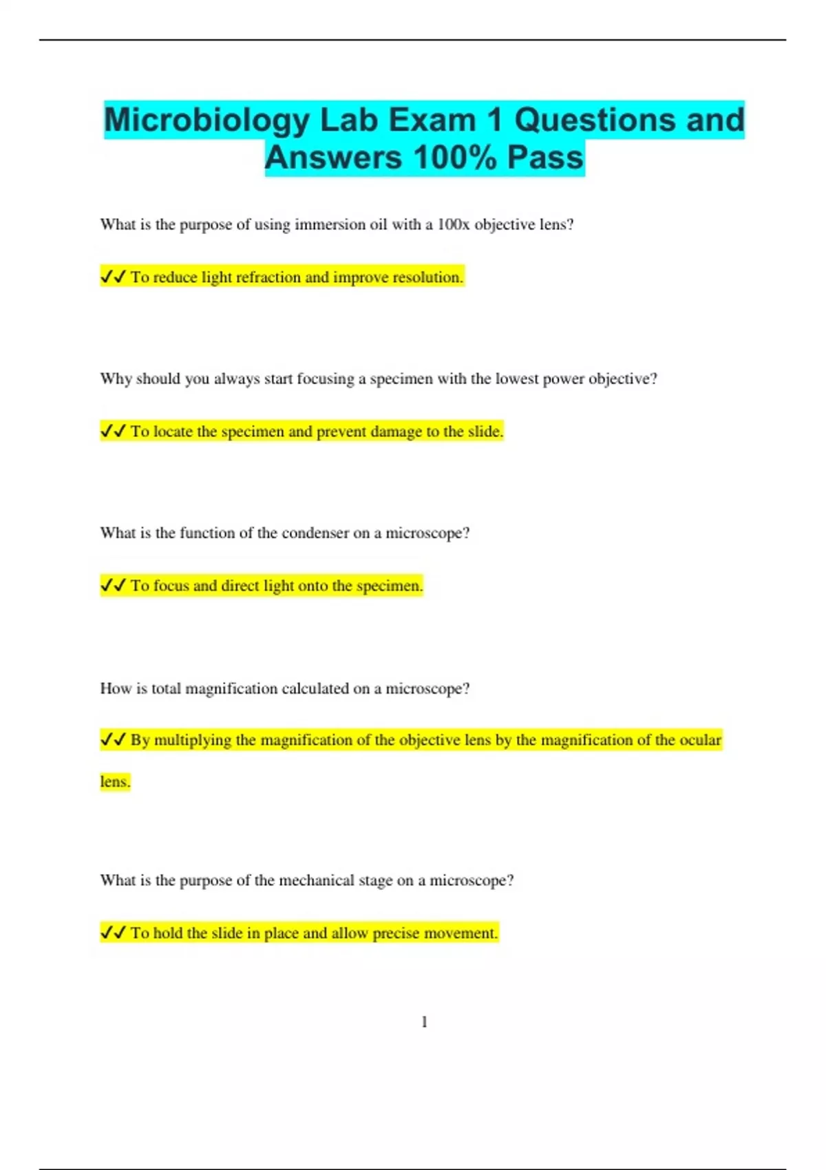 Microbiology Lab Exam 1 Questions and Answers 100% Pass - Microbiology ...