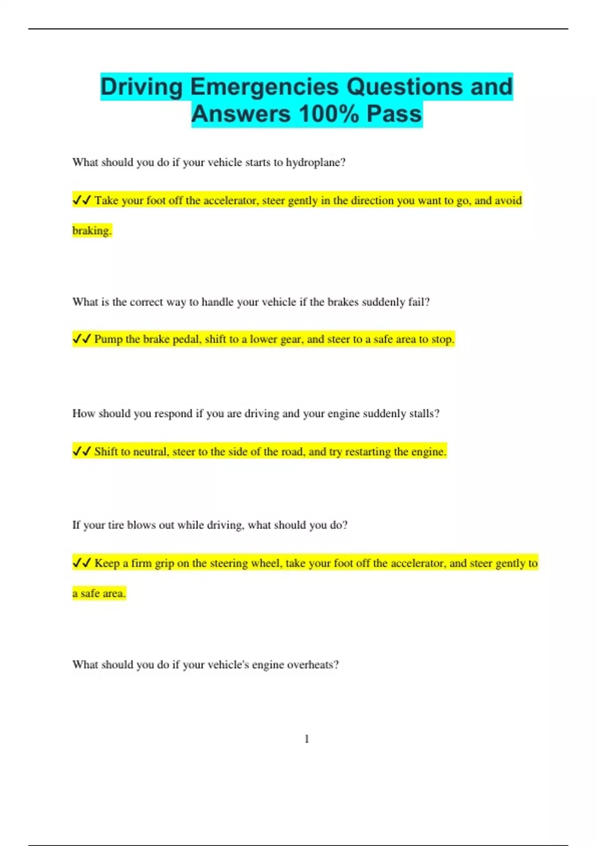 Vehicle Emergencies Bundled Exams Questions and Answers Multiple ...