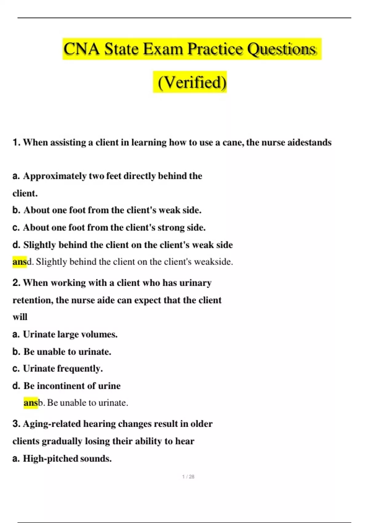 CNA State Exam Practice Questions (Verified) 2025 - CNA State Practice ...