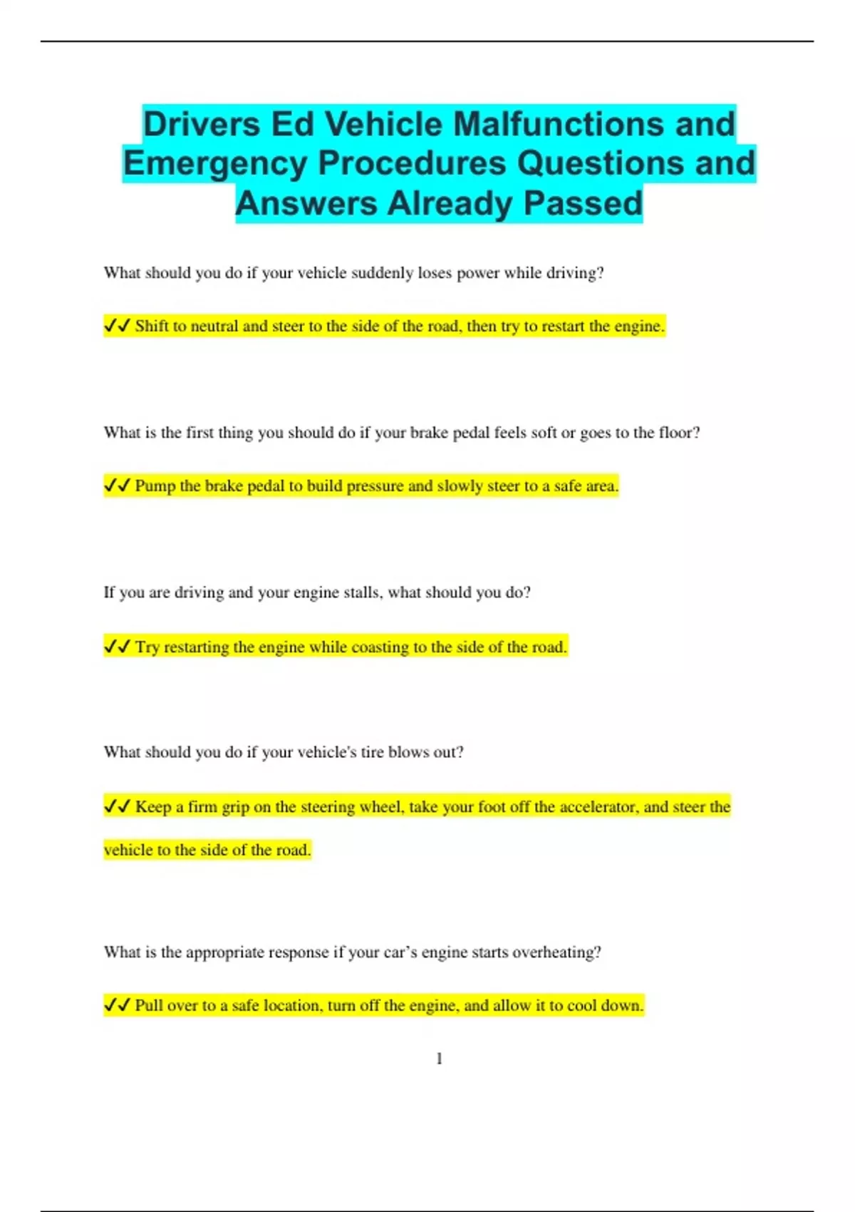 Drivers Ed Vehicle Malfunctions and Emergency Procedures Questions and Answers Already Passed ...
