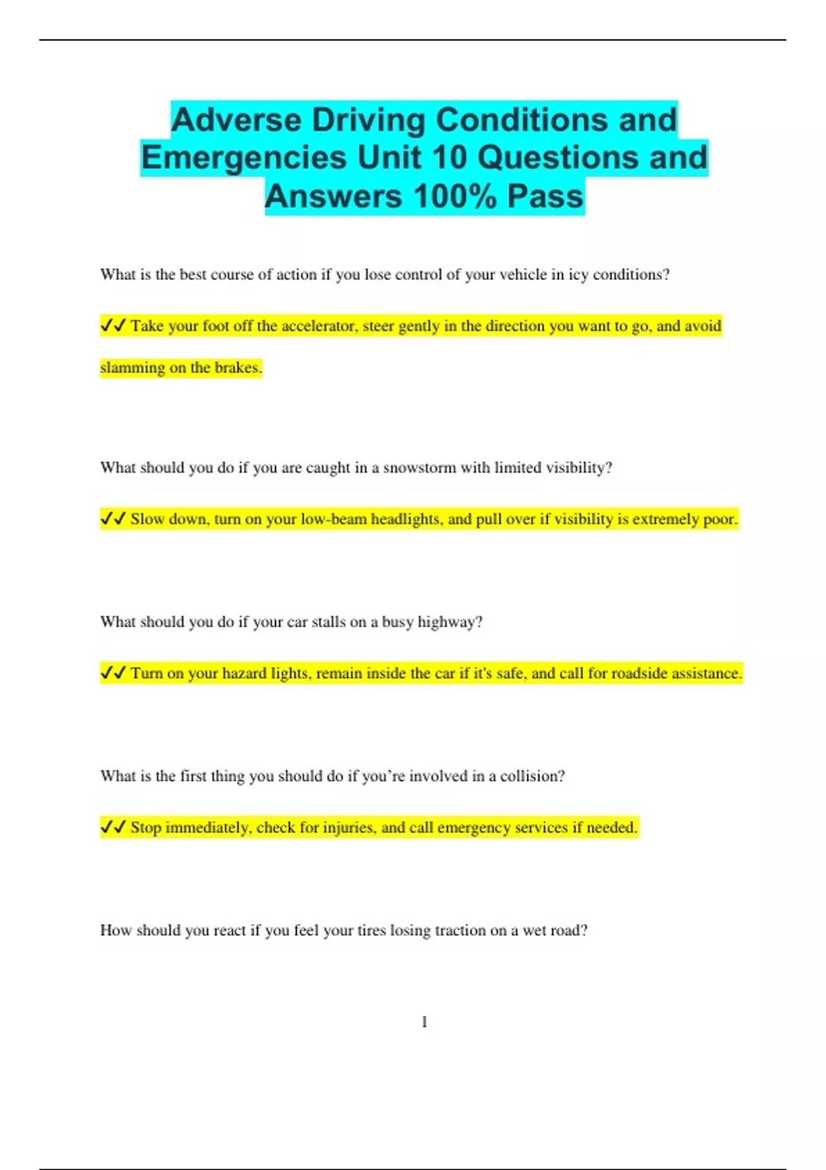 Adverse Driving Conditions and Emergencies Unit 10 Questions and ...